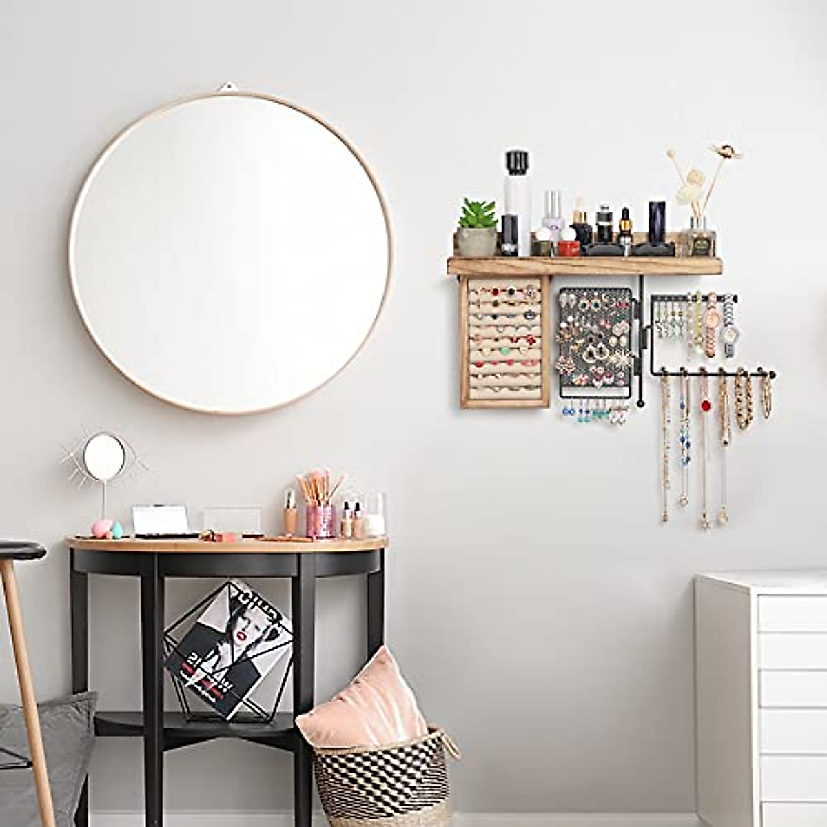 SOLIMINTR Hanging Jewelry Organizer Wall Mount Jewelry Holder with Rustic Wood Shelf, Ring Display Box, Ear Studs Earring Holder, Rotating Necklace Holder Organizer