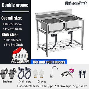 Utility Sink, Freestanding Stainless Steel Sink, Small Stainless Steel Sink, Portable Sink, Outdoor Sink Station With Hose Hook Up, For Restaurant, Cafe, Bar, Hotel, Garage (Color : Hot and cold)