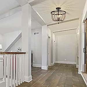 LALUZ Ceiling Light Fixture, 3-Light Boho Light Fixture, Farmhouse Wood Beaded Chandelier for Entryway, Foyer, Dark Silver Brushed, 16.1 ” D x 17.3” H