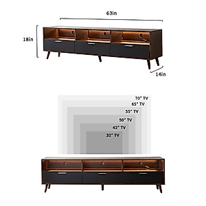 LED TV Cabinet TV Stand, 63 inch Media Console with LED Light, Entertainment Center, for TV up to 70 inch, Storage Cabinet TV Console for Living Room, Walnut Color