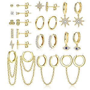 IRONBOX Earrings Set with 14K Gold Plated Huggie Hoop Studs (12Pairs) for Women Small Dainty Minimalist Chain Earrings Cartilage CZ Ball for Multiple Piercing