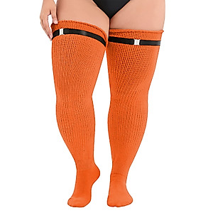 Century Star Plus Size Thigh High Socks for Thick Thighs Extra Long Striped Thick Over Knee Stockings Leg Warmers Tube Socks Orange One Size