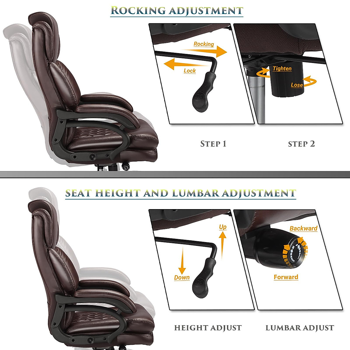 WILLMITA 400lbs Big and Tall Office Chair Wide Spring Seat Executive Office Chair for Heavy People Adjustable Headrest Home Office Desk Chair Heavy Duty Casters 360 Swivel Computer Chair (Brown)