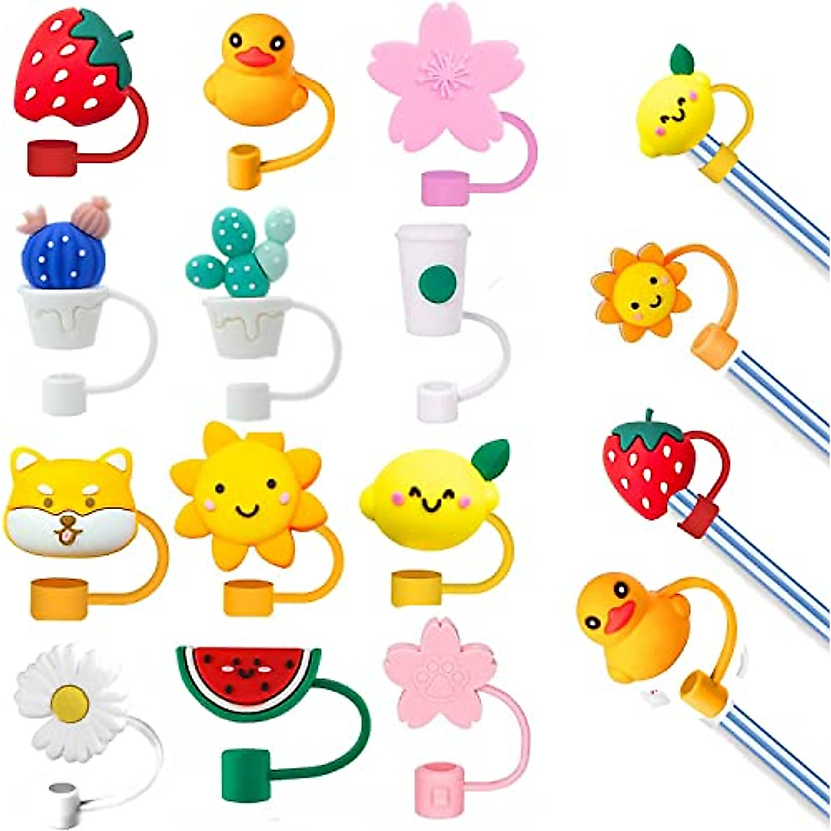 12pcs Straw Covers Cap Straw Covers Cap SiliconeTips Lids Cute Dust-proof Straw Plugs for 6-8 mm Straws Summer Hawaii Straw Toppers for Party Supplies