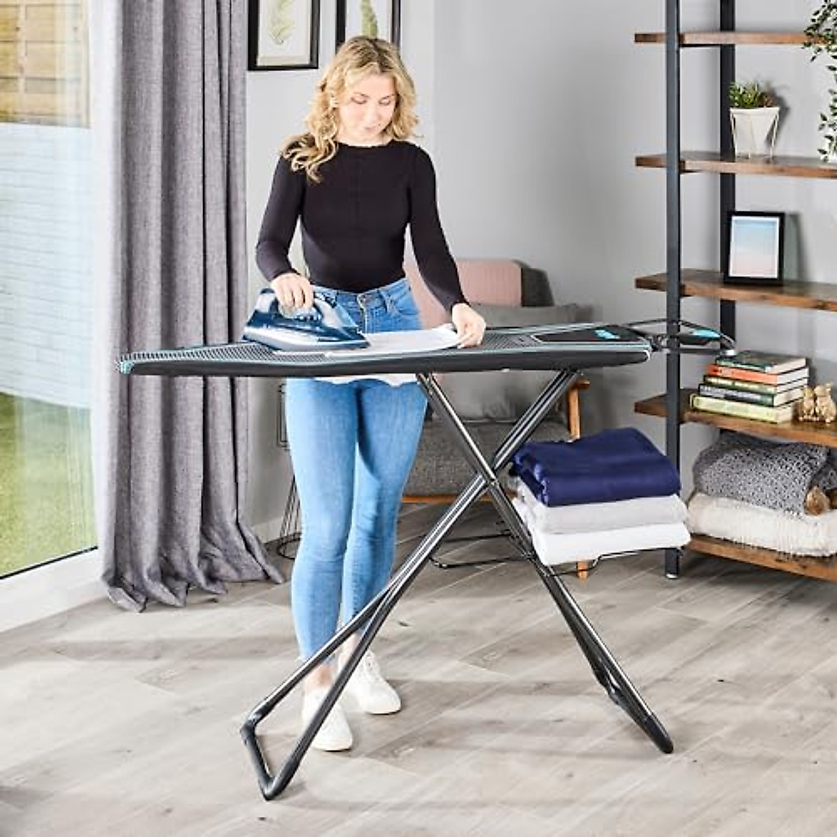 Minky Homecare Ergo Plus Prozone Ironing Board Made in UK Freestanding Full Size Iron Table with Heat Reflective Cover, Thick Felt Underlay and Large 48" x 15" Ironing Surface (Gunmetal and Blue)