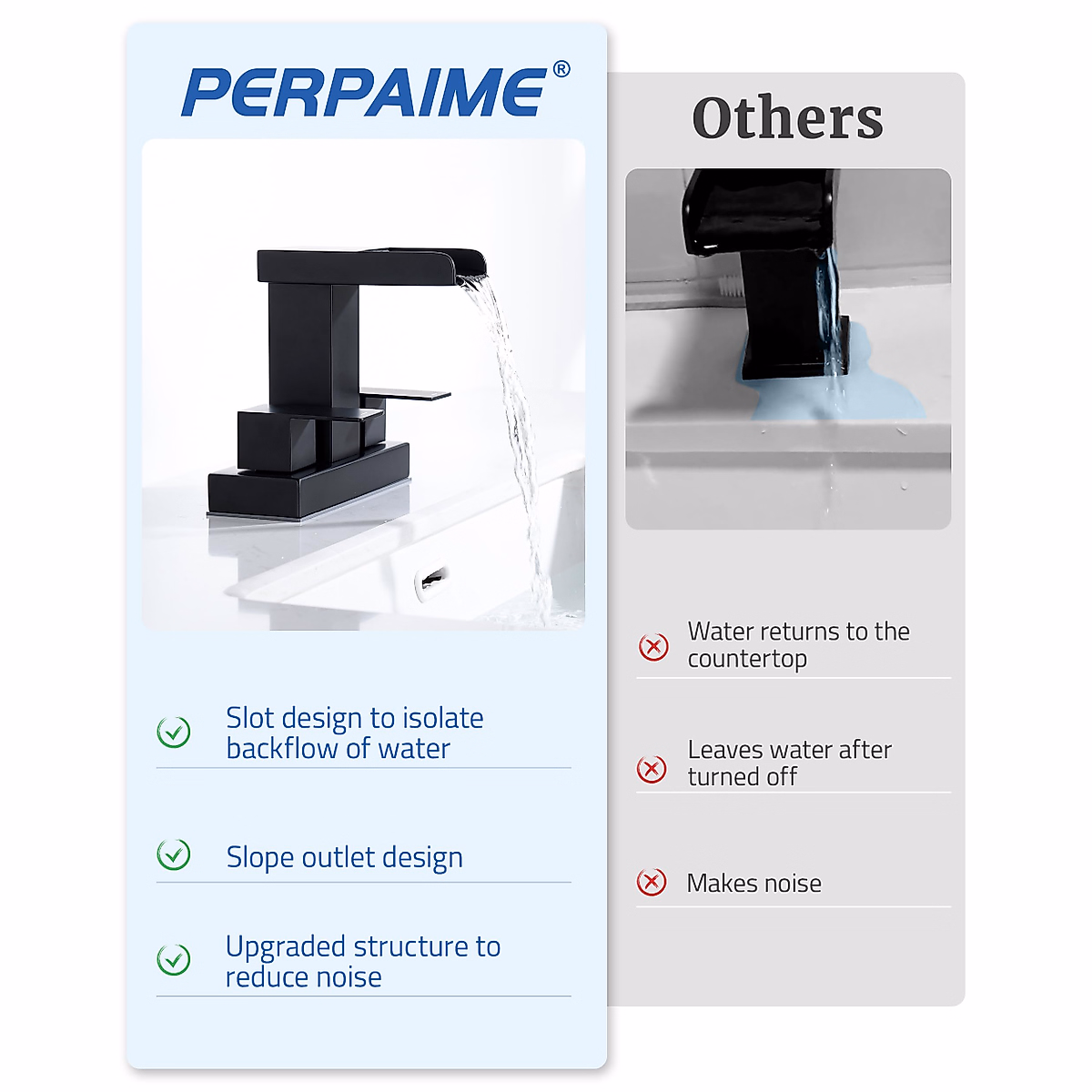 PerPaiMe Waterfall Bathroom Sink Faucet - 4 Inch Centerset Bathroom Faucet Two Handles, Matte Black Bathroom Sink Faucets for 2 or 3 Hole, Stainless Steel Vanity Faucet with Pop-Up Drain & Supply Line