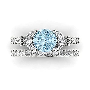 Clara Pucci 2.72ct Round Cut Custom Marquise 3 stone Sky Blue Topaz Engagement Wedding Bridal Ring Band set 18K White Gold Size 5.75
