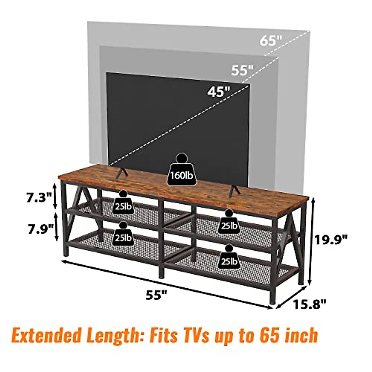 Furologee TV Stand for 60 65 inch TV, Long 55" Entertainment Center with 3-Tier Open Storage Shelves, Industrial TV Console Table for Living Room, Rustic Brown