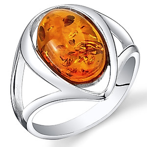 PEORA Genuine Baltic Amber Ring for Women in Sterling Silver, Rich Cognac Color, Oval Shape Solitaire, Comfort Fit, Size 9