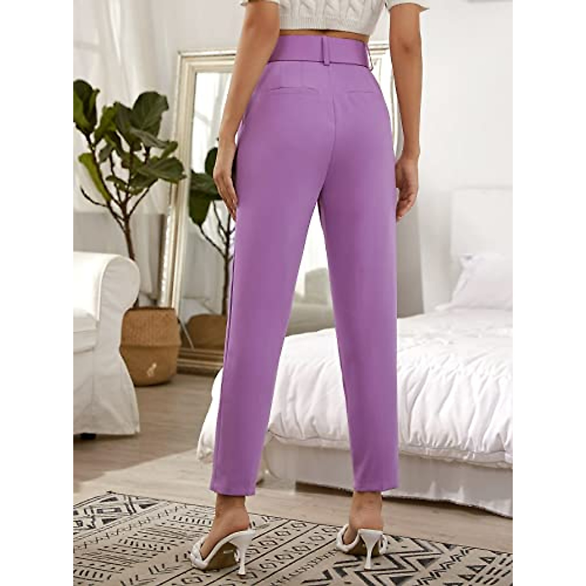 SweatyRocks Women's High Waist Suit Pants Belted Crop Pencil Pants with Pockets Lilac Purple M