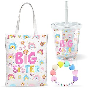 3 Pcs Big Sister Gift 12 oz Pink Sister Cup Insulated Acrylic Tumbler Big Sister Mini Canvas Tote Bag Big Sister Bracelet for Little Girl