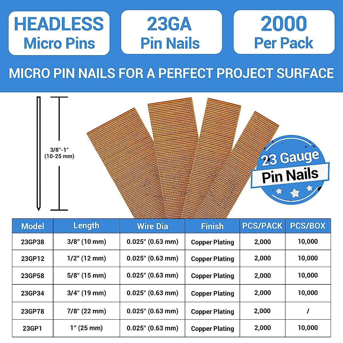 meite 23 Gauge Pin Nails, 3/4-Inch Micro Headless Pins for Pin Nailer - Copper Plated Pins Nails for Nail Gun, Ideal for Fine Woodworking and Trim Work (10,000 PCS)