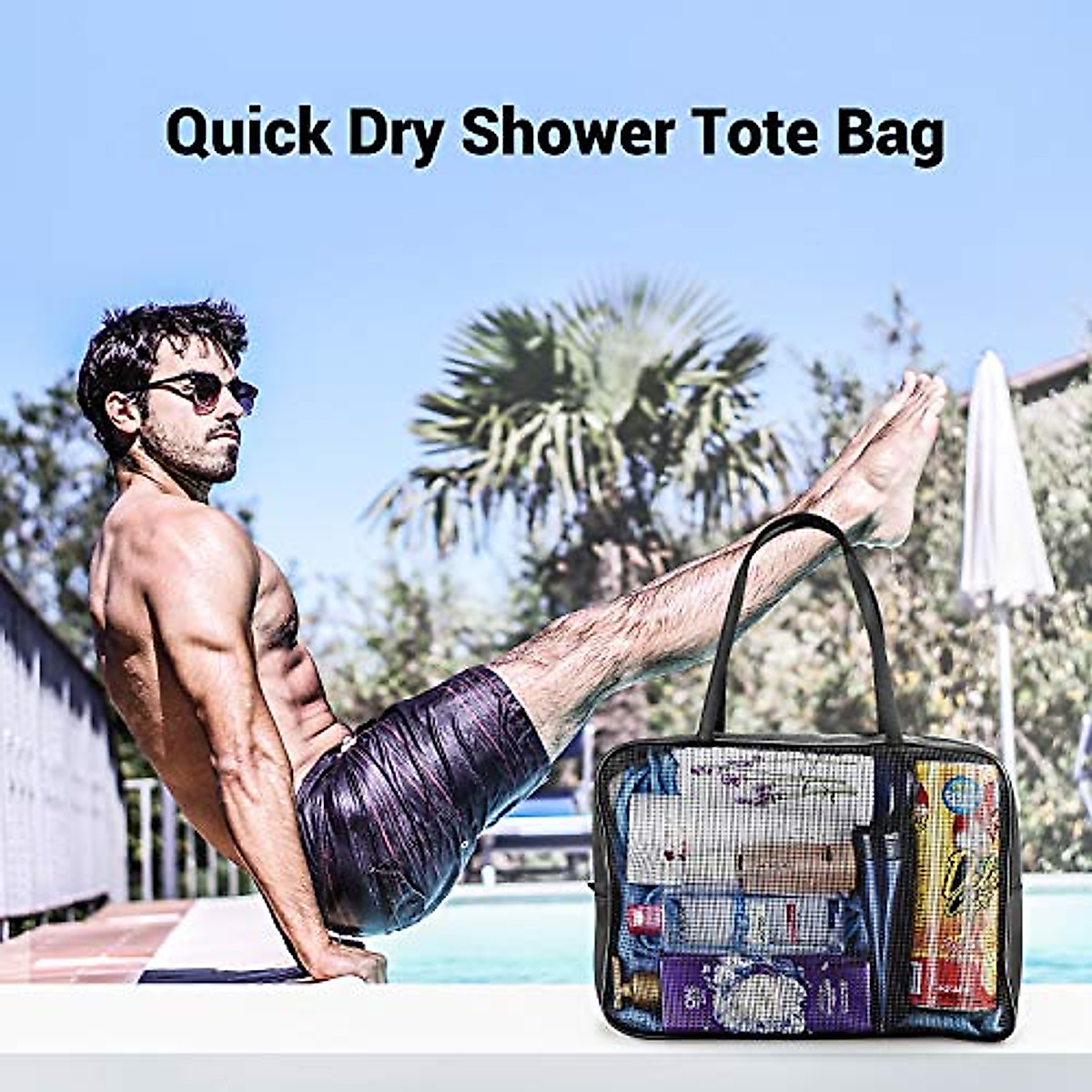Large Shower Tote Bag Quick Dry Mesh Shower Caddy Shower Basket Beach Caddy Mesh Oxford Hanging Toiletry Bath Organizer for College Dorm Hotel Swimming Gym Camping Travel, Black