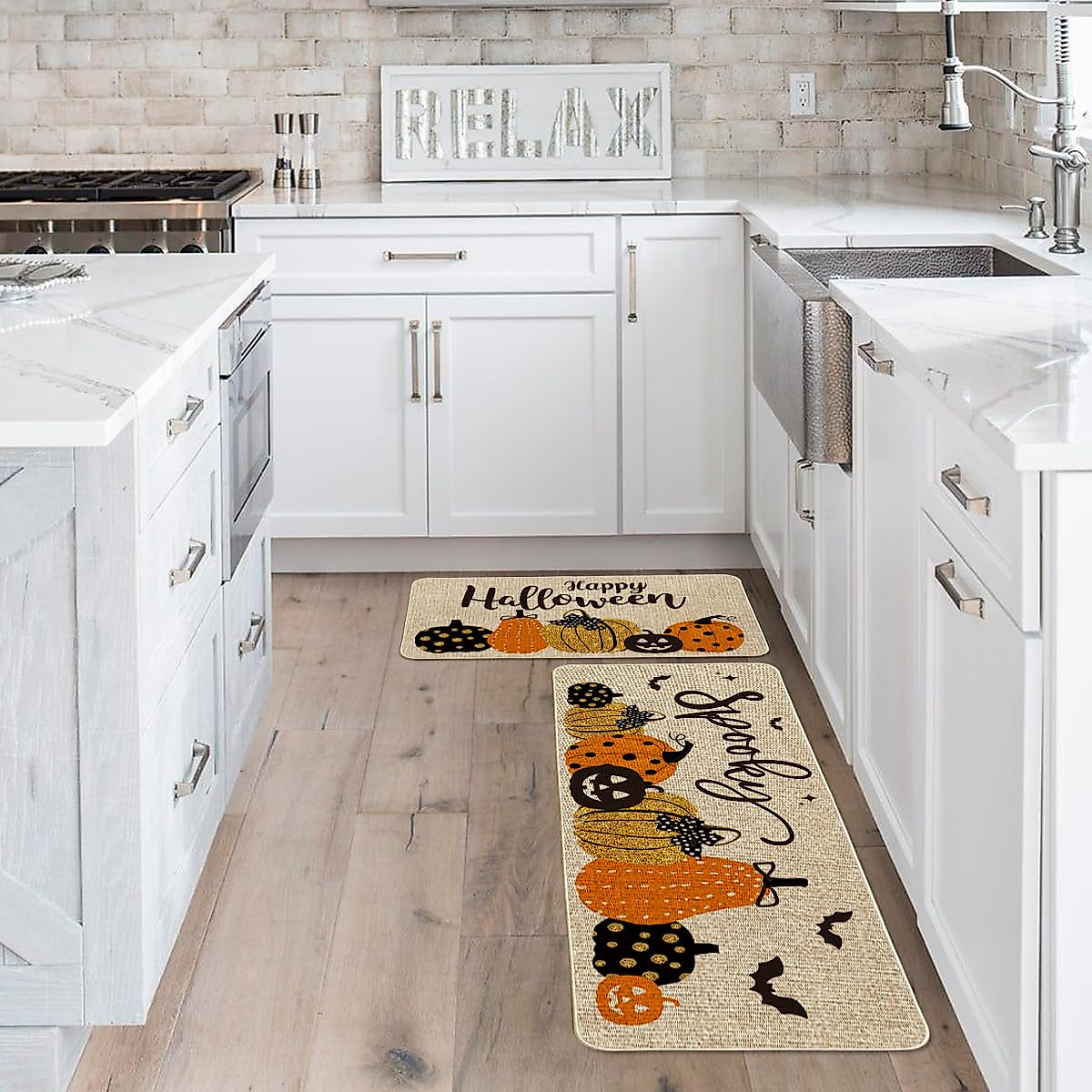 Artoid Mode Pumpkin Bats Happy Halloween Kitchen Mats Set of 2, Home Decor Low-Profile Kitchen Rugs for Floor - 17x29 and 17x47 Inch