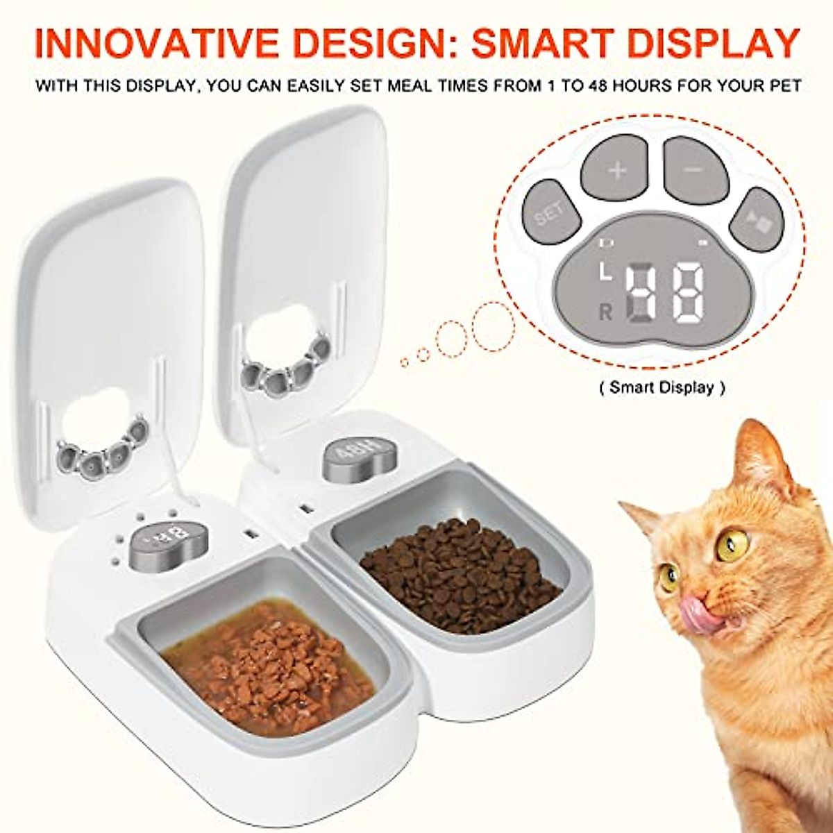 Automatic Cat Feeder Wet Food 2 Cat, 2 Meal Smart Pet Feeder, Low Noise Timed Feeder for Cats & Dogs, Dry or Semi-Moist Pet Food Dispenser, 1-48 Hours Microchip Cat Feeder, Auto-On Smart Pet Feeder