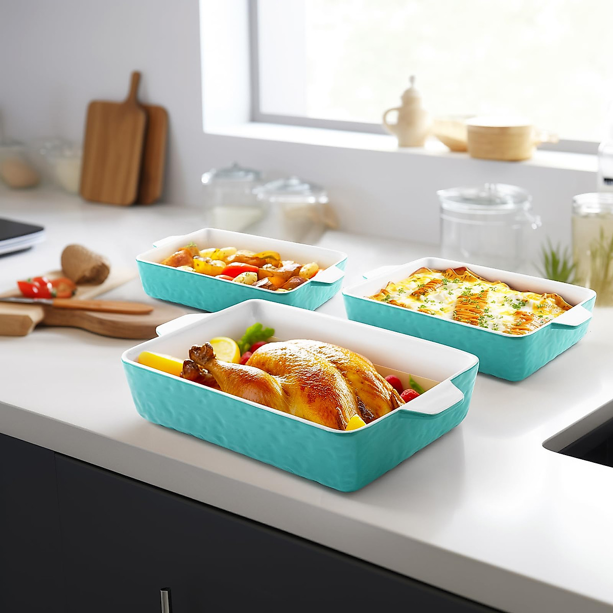 Krokori Casserole Dishes for Oven, Ceramic Baking Dishes, Lasagna Pan with Handles, Porcelain Baking Pan Deep, Bakeware for Baking, Cooking, Wedding Gift, Set of 3 (11.6" x 7.8", Aquamarine)