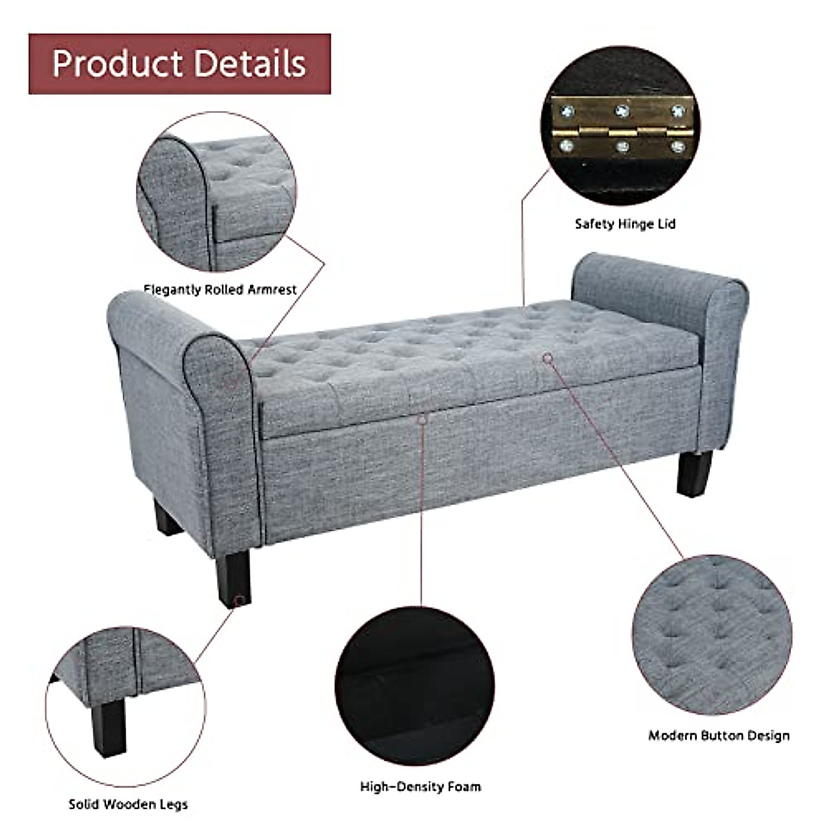 Babion Storage Bench for Bedroom End of Bed,Linen Ottoman Bench with Storage and Arms,Upholstered Fabric Storage Bench with Button Tufted,Large Storage Bench for Bedroom, Bench Linen Dark Gray