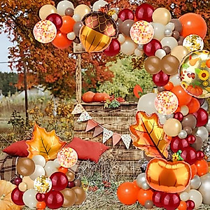 129pcs Fall Confetti Balloons, Huge Pumpkin Maple Pine Leaf Aluminum Foil Balloons Orange Brown Helium Latex Balloons for Birthday, Baby Shower, Thanksgiving, Friendsgiving Party Decorations Supplies