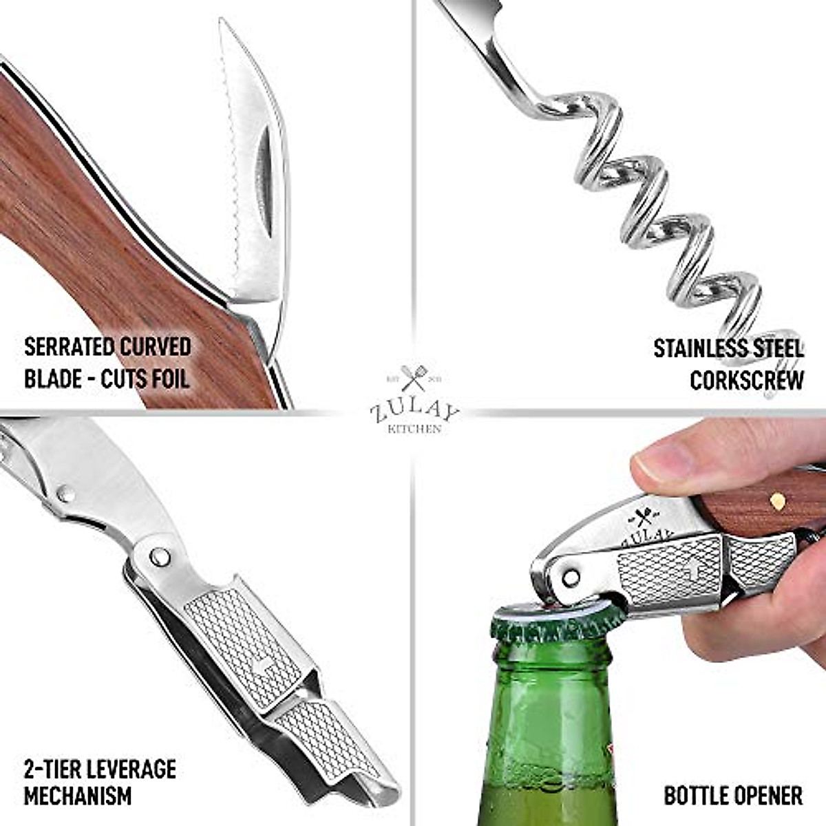 Zulay Professional Waiter’s Corkscrew Bottle Opener - 3-in-1 Wine Key Tool With Foil Cutter & Dual Hinge Fulcrum - Waiters Corkscrew For Waiters & Bartenders (Rosewood)