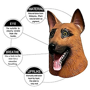MAKEATREE German Shepherd Dog Head Mask, Funny Animal Rubber Latex Costume Props Decor for Adult Men Party Halloween Christmas Masquerade Cosplay