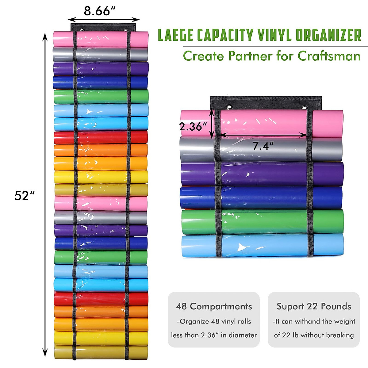 AROUY Vinyl Storage Organizer - Vinyl Roll Holder Wall Mount/Over The Door, Craft Vinyl Storage Rack, Hanging Organizer Storage with 48 Roll Compartments (48 - Black)