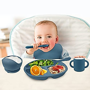 TQONEP Silicone Baby Feeding Set,Baby Led Weaning Supplies Suction Divided Plates Adjustable Silicone Toddler Soft Bowl Spoons Forks Silicone Toddler Cup BPA Free（Blue & Gray 12 PACK）