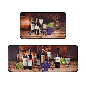 Kitchen Rugs and Mats Non Skid Washable-Fuoxowk Wine Decor Themed Kitchen Mat and Rug Set,Floor Cushion Waterproof Rug,Rubber Backed Area Rugs for Kitchen Sink,Laundry Room,Indoor Floor,Brown Burgundy