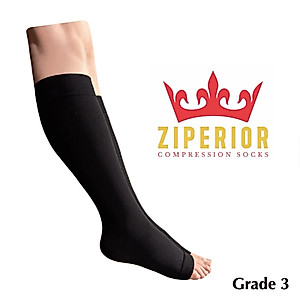 Ziperior Open Toe Inside Leg Calf Zipper 30-40 mmHg Grade 3 Compression Socks (Black, Small-Medium)