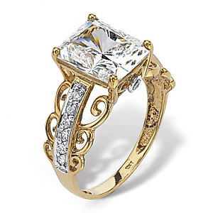 PalmBeach 10K Yellow Gold Emerald Cut Cubic Zirconia Scrolling Band Engagement Ring Sizes 5-10 Size 8