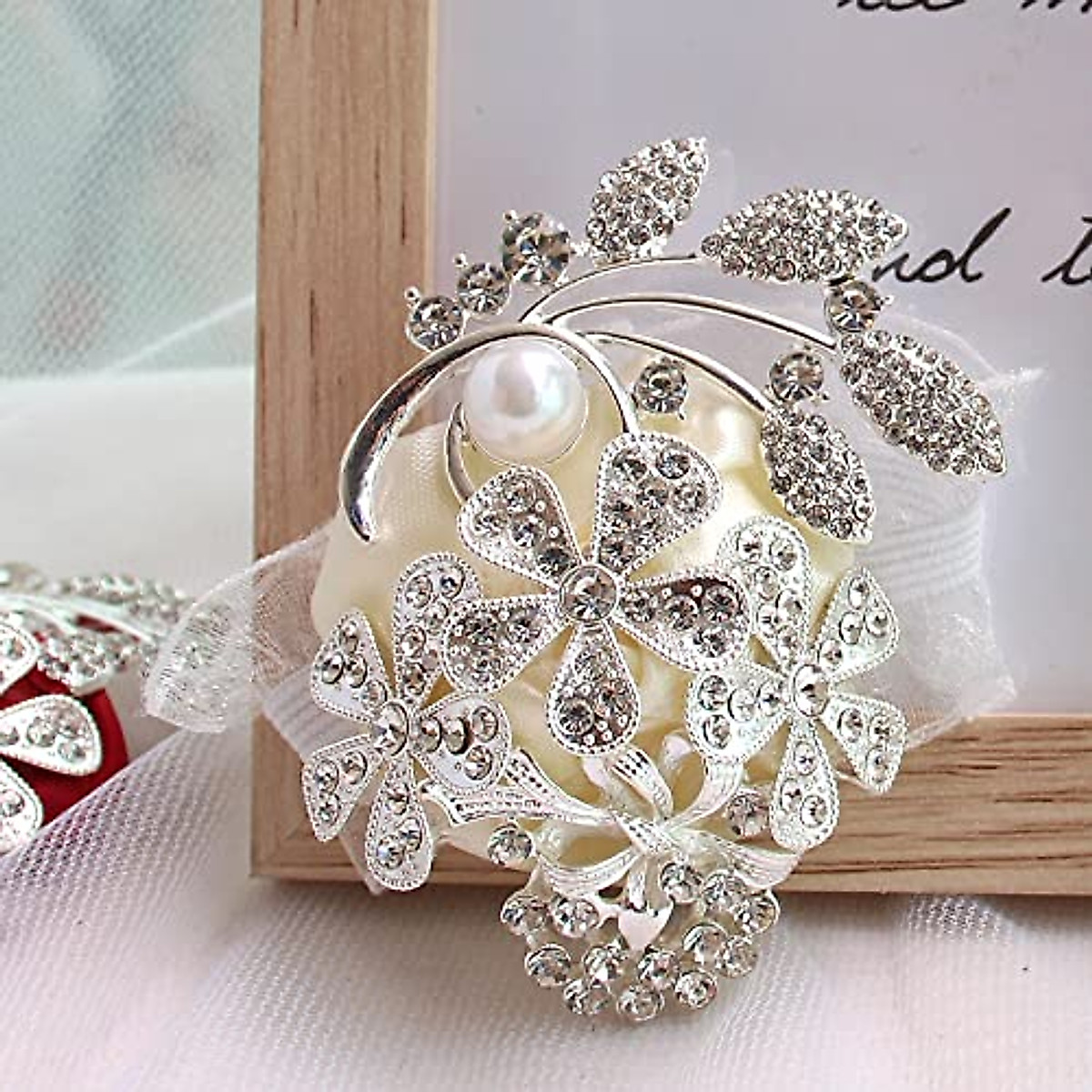 WANLIAN Wrist Corsage Peal Diamond Boutonniere for Bride Bridesmaid Prom Wedding Ceremony Anniversary 1 Pieces (Ivory)