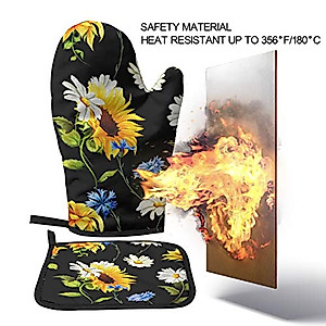 Sunflowers Chamomile Cornflowers Oven Mitt 11'' X 6.2'' and Pot Holder 8'' X 8'' Kitchen Gift Sets Heat Resistant Reusable Kitchen Oven Mitts and Pot Holders for Baking BBQ Cooking