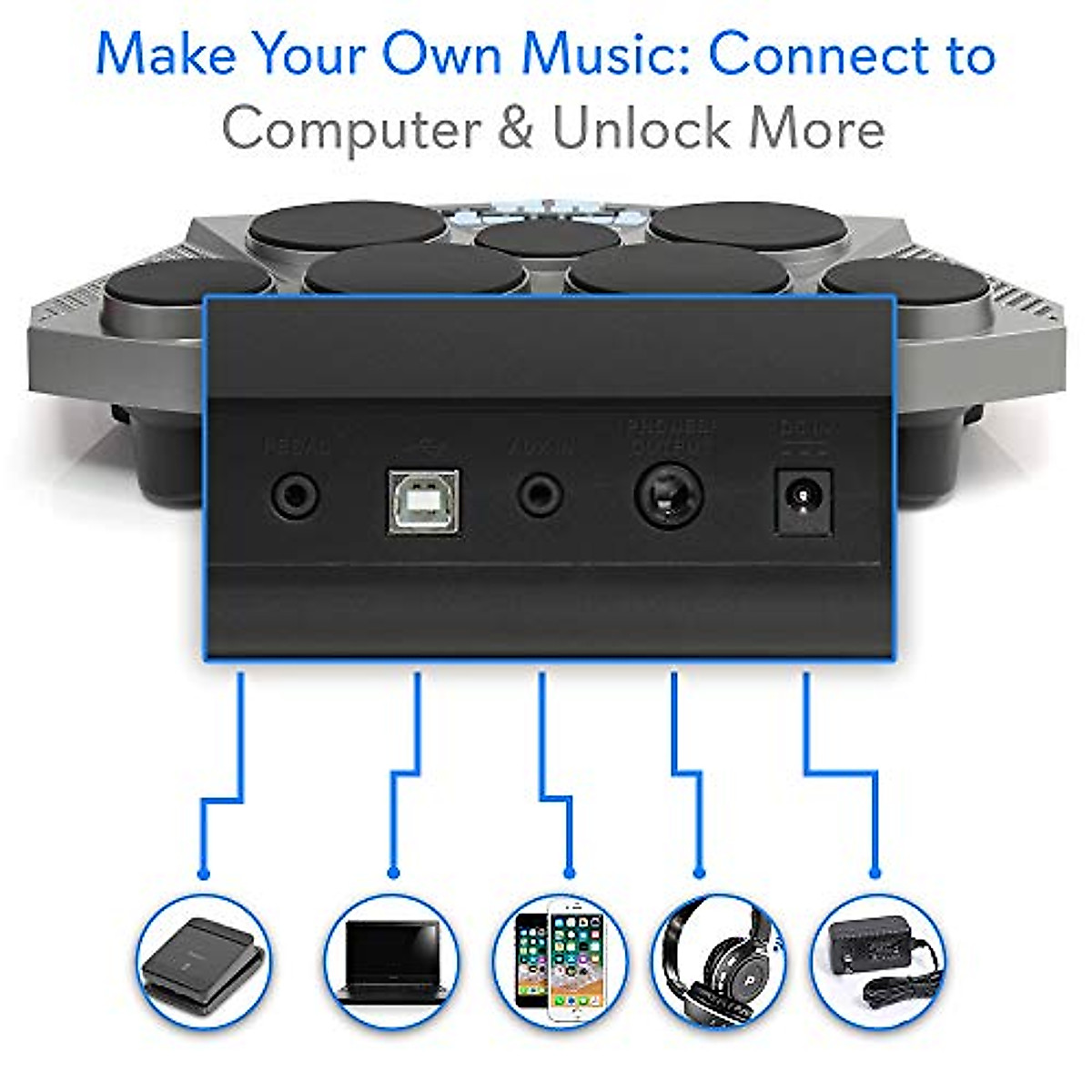 Pyle Pro Electronic Drum kit - Portable Electric Tabletop Drum Set Machine with Digital Panel, 7 Drum Pad, Hi-Hat / Kick Bass Pedal Controller USB AUX -Tom Toms, Hi-Hat, Snare Drums, Cymbals - PTED06