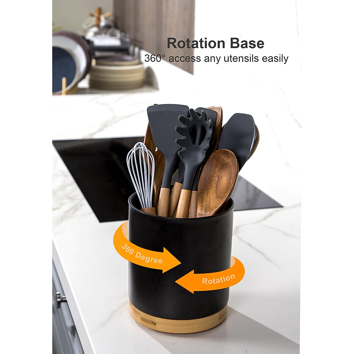 Nucookery 360°Rotating Utensil Holder, 7.2" Kitchen Utensil Crock, Ceramic Cooking Utensil Organizer with Countertop-Protection Cork Bottom for Farmhouse Kitchen Decor Christmas (Stone Black)