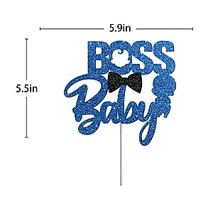 Boss Baby Cake Topper for Boy Birthday, Gender Reveal Welcome Baby Boy Cake Decoration, Baby Shower Birthday Party Supplies Boss Boy - Blue Black Glitter