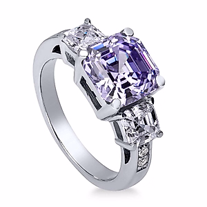 BERRICLE Sterling Silver 3-Stone Wedding Engagement Rings Purple Asscher Cut Cubic Zirconia CZ Statement Cocktail Anniversary Ring for Women, Rhodium Plated Size 4
