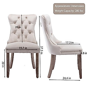 Rhomtree Set of 2 Fabric Dining Chairs Luxury Tufted Back with Nailed Trim and Back Ring Pull Home Kitchen Dining Room Chairs Armless Side Chairs Solid Rubber Wood Legs (Beige)