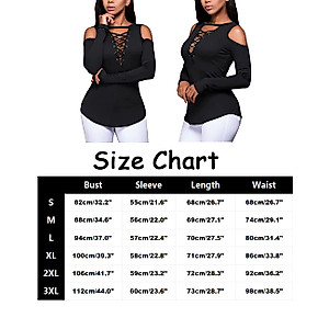 Defal Women's Sexy V-Neck Cold Shoulder Long Sleeve Blouse Shirt Slim Lace-Up Ribbed Stretchy T-Shirt Top (XXL, Black)
