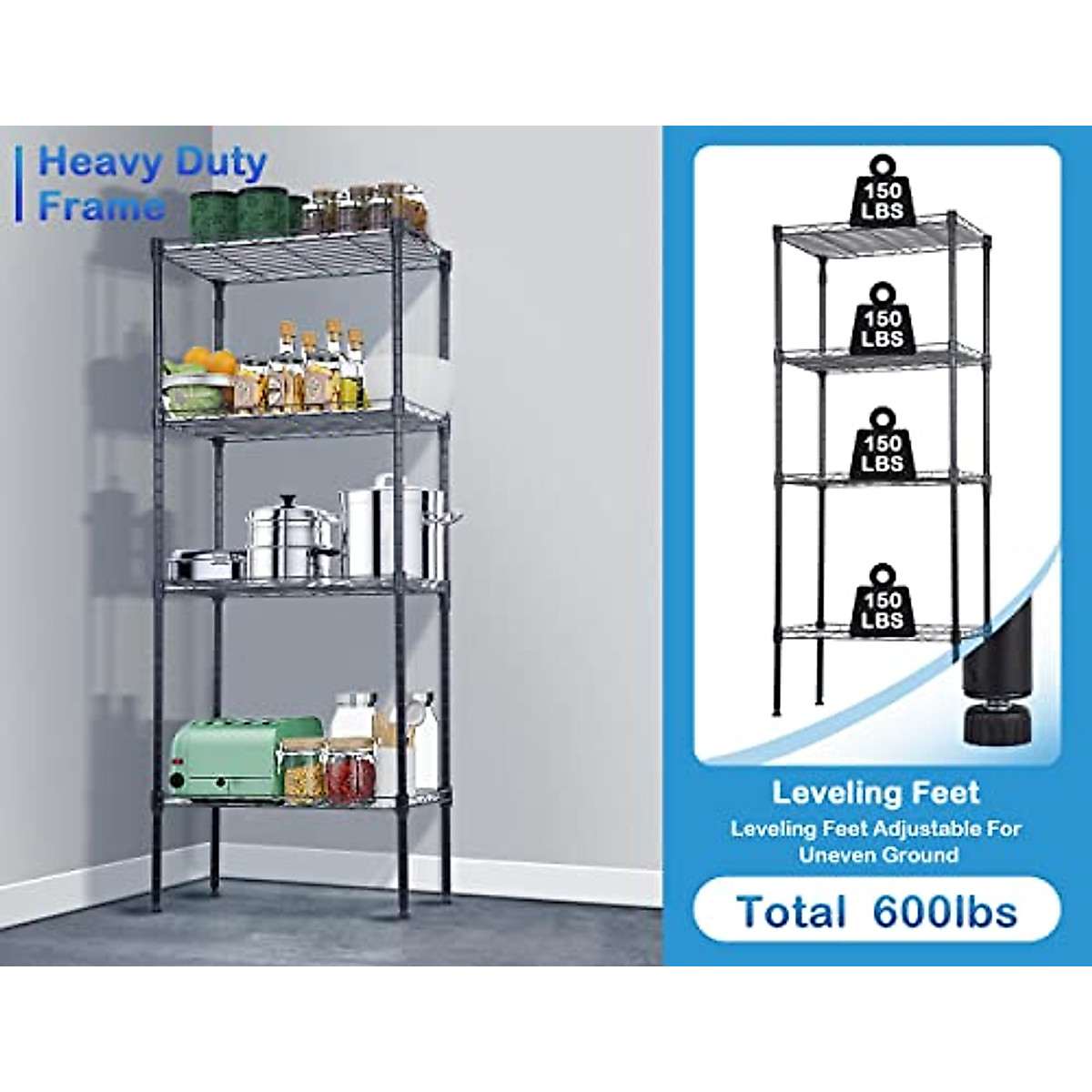 Metal Shelving, 4 Tier Wire Shelving Unit, Adjustable Strong Steel Storage Shelf, Metal Shelves, Kitchen Storage Rack, Pantry Standing Shelves for Laundry Storage 750Lbs Capacity,18" L x 12" W x 44" H