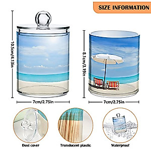 Kigai 2 Pack Qtip Dispenser Apothecary Jars Bathroom 14oz - Beautiful Beach Chairs Sun Umbrella Blue Sky Cloudy Qtip Holder Storage Canister Clear Plastic Acrylic Jar for Cotton Ball,Cotton Swab,Q-tip
