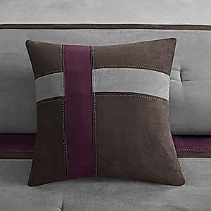 Madison Park Palisades Comforter Set Modern Faux Suede Pieced Stripe Design, All Season Down Alternative Cozy Bedding with Matching Shams, Decorative Pillows, Queen(90"x90"), Purple 7 Piece