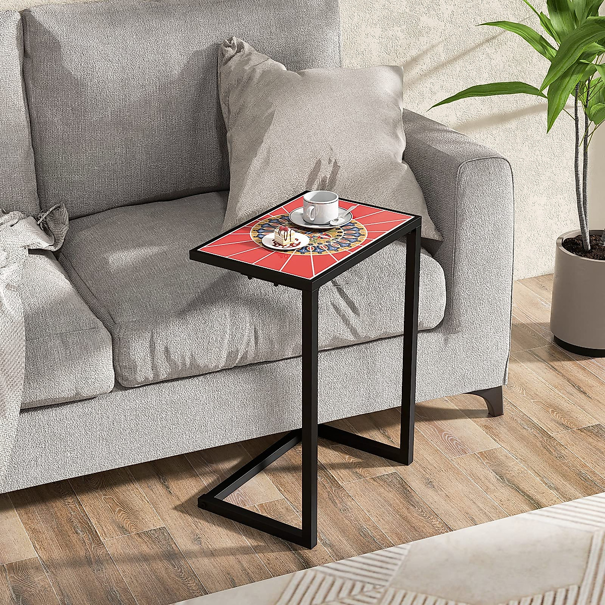 Tangkula C-Shaped Outdoor Side Table, Patio Snack Table w/Ceramic Top & Anti-Rust Metal Frame, Small End Table for Couch, Sofa & Bed, Outdoor & Indoor Accent Table for Living Room, Poolside, Balcony