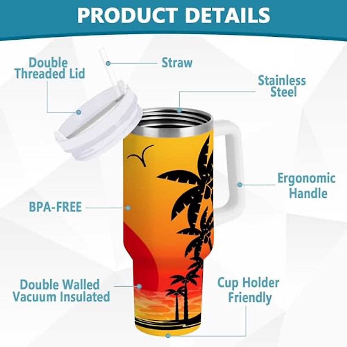 DIGTIA Stainless Steel Insulated Tumbler w/Handle & Straw, Sunset Trees Double Wall Vacuum Travel Coffee Mug Cup w/Lid, Leak-Proof Sports Seabirds Water Bottle,40oz