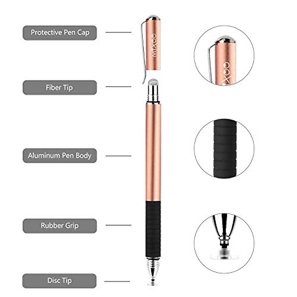 Mixoo 2-in-1 Precision Disc & Fiber Stylus with Replaceable Tips for Capacitive Touch Screen Devices (Black/Rose Gold)