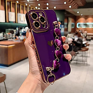 VANIPUFF Compatible with iPhone 14 PRO MAX 5g Case with Love Heart Bracelet Luxury Cute Hearts Cover for Women with Metal Chain Strap Gold Plated with Side Love Pattern Soft Shockproof Bumper (Purple)