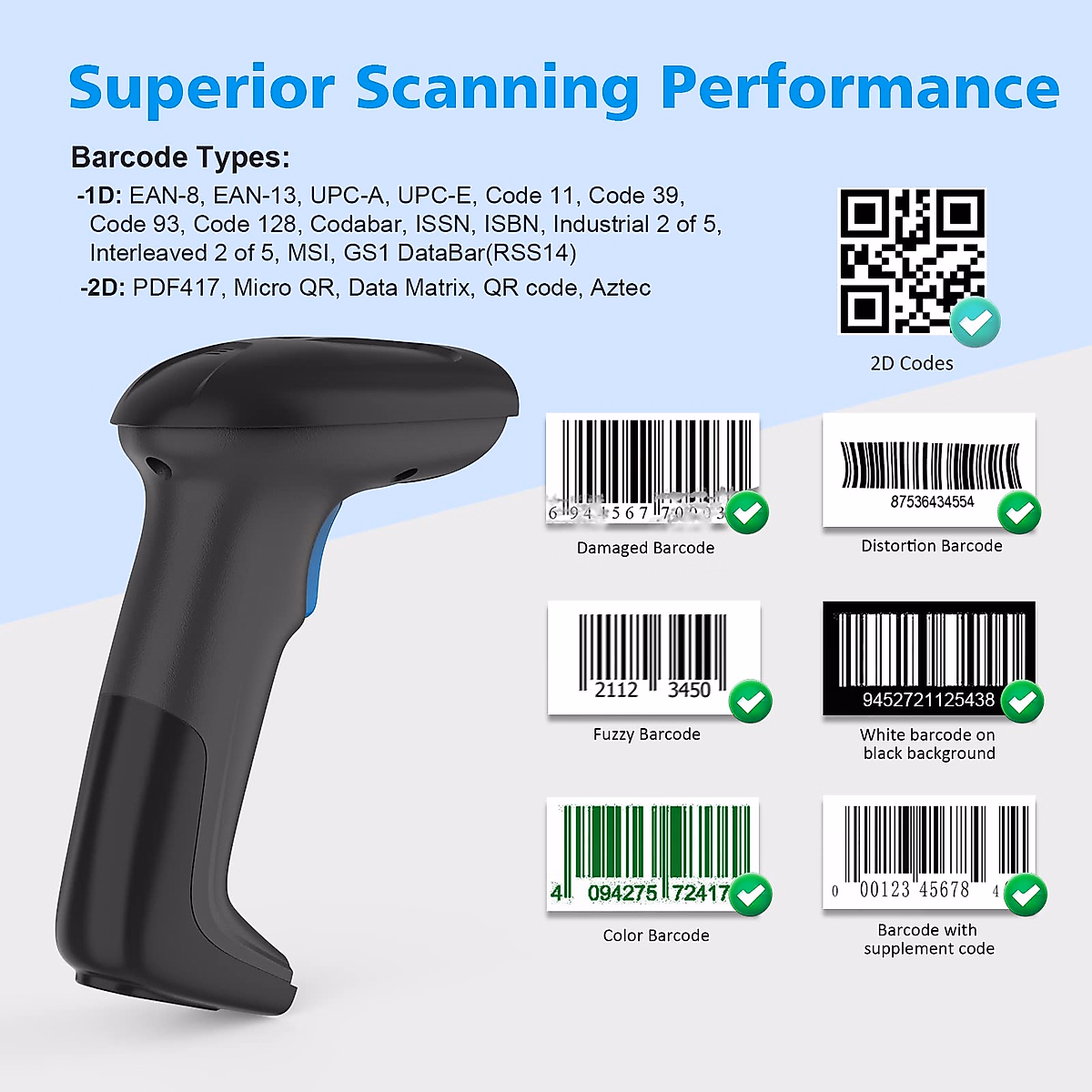REALINN USB 2D QR Barcode Scanner Wired, Automatic Handheld Code Reader Dustproof Waterproof Shockproof Plug and Play Fast and Precise for Mobile Payment, Store, Supermarket, Warehouse