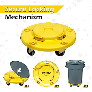MaxWorks 50933 Round Trash Can High Visibility Yellow Dolly with 5 Swivel Casters 18 inch Dolly for 20 32 44 55 Gallon Containers Twist ON & Off