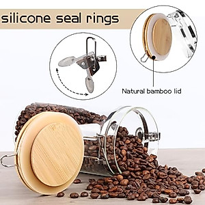 Liengoron 3x54oz Glass Coffee Bean Storage Container with Shelf 3PCS Glass Coffee Containers with Airtight Locking Clamp Lid Spoons Coffee Canister Set Jars for Kitchen Food Storage Tea Sugar,Wood