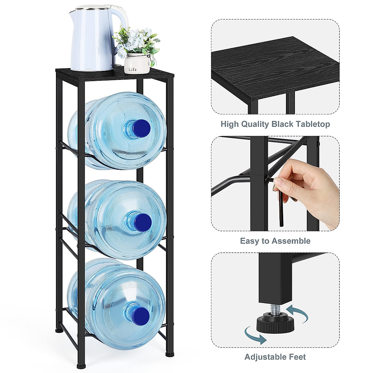 Water Bottle Holder Organizer 5 Gallon Water Jug Holder with Shelves, 3-Tier Water Bottle Dispenser Stand for Kitchen Living Room Office, Black