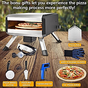 AOSION-Outdoor Gas Pizza Oven, Rotating Propane Pizza Grill Oven for Exterior Backyard Pizza Maker with 14" Pizza stone, Portable Pizza Ovens for Outside with Pizza Peel,Pia,Cutter,Gloves and thermometer.