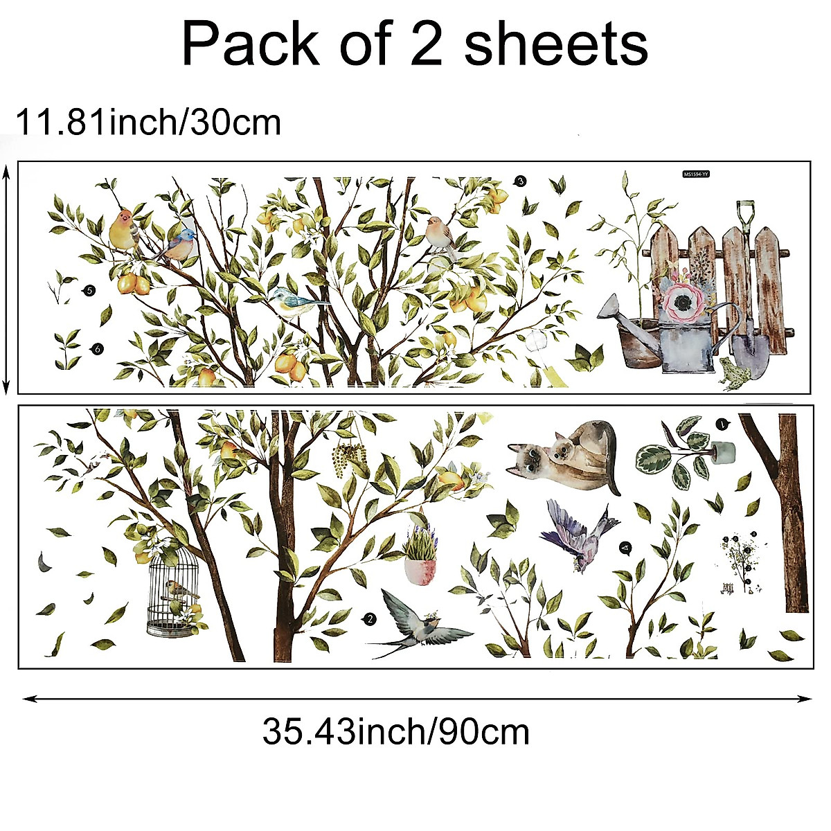 Pinenjoy Lemon Tree with Bird Cat Wall Decal Green Leaves Wall Stickers 32.67x38.18inch DIY Removable Self-Adhesive Vinyl Wall Murals for Living Room Nursery Bedroom Playroom Wall Decors